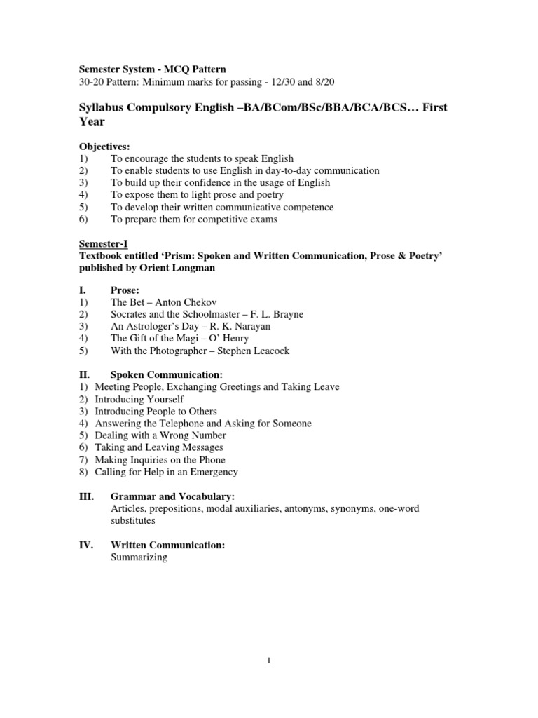 MCQ Pattern English I-II Semester | PDF | English Language | Part Of Speech