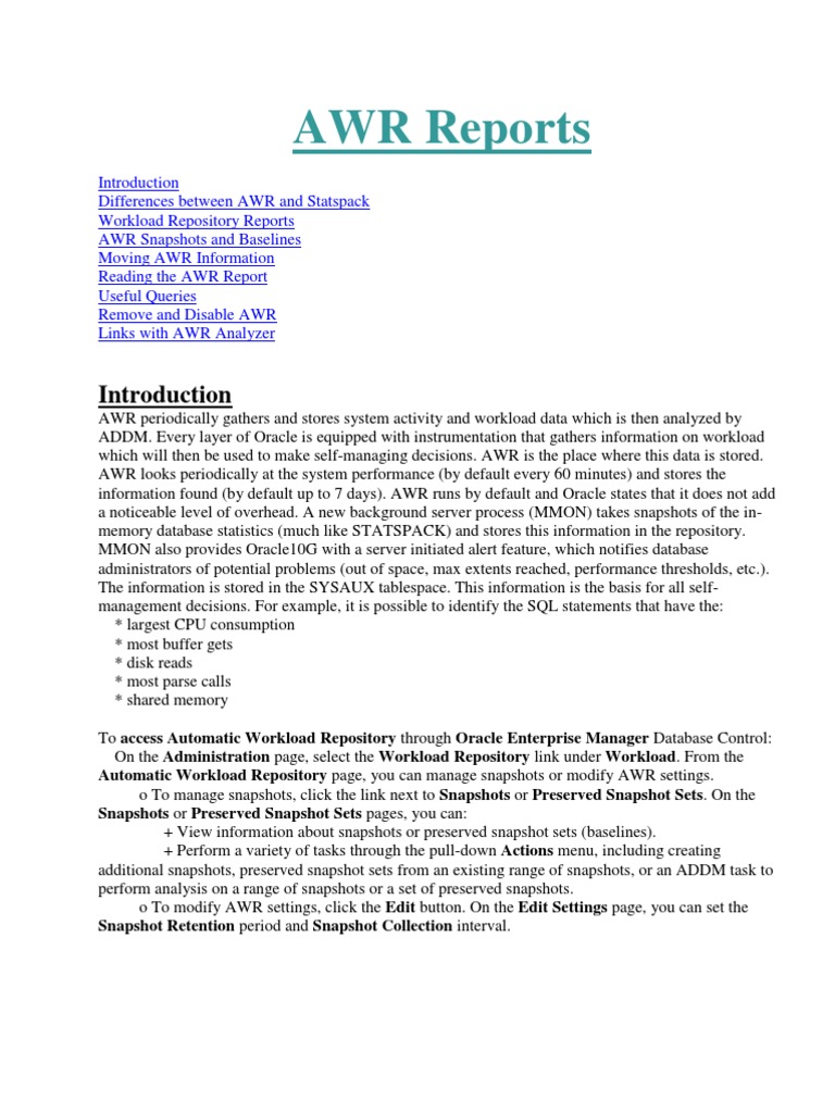 AWR Reports | Oracle Database | Sql