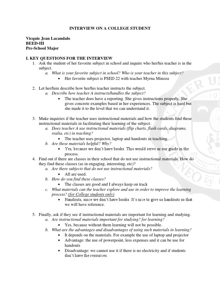 Interview On A College Student | PDF | Teachers | Learning