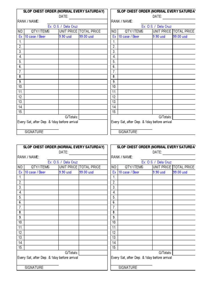 Slop Chest Order Form | PDF
