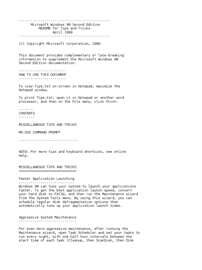 Microsoft Windows 98 Second Edition README For Tips and Tricks, April ...