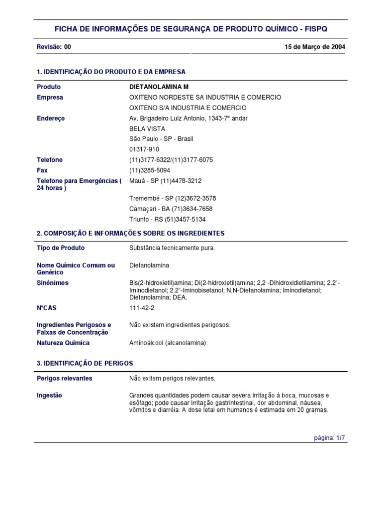 Msds - Dea Oxiteno | PDF | Primeiros socorros | Queimadura