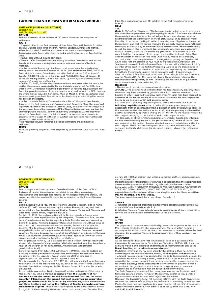 Lacking Digested Cases On Reserva Troncal | PDF | Intestacy | Will And ...