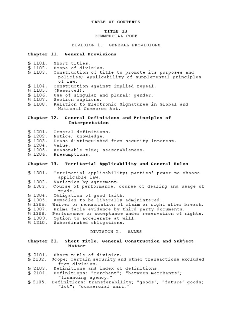 Comprehensive Overview of Commercial Code Divisions 1 and 2A Covering ...
