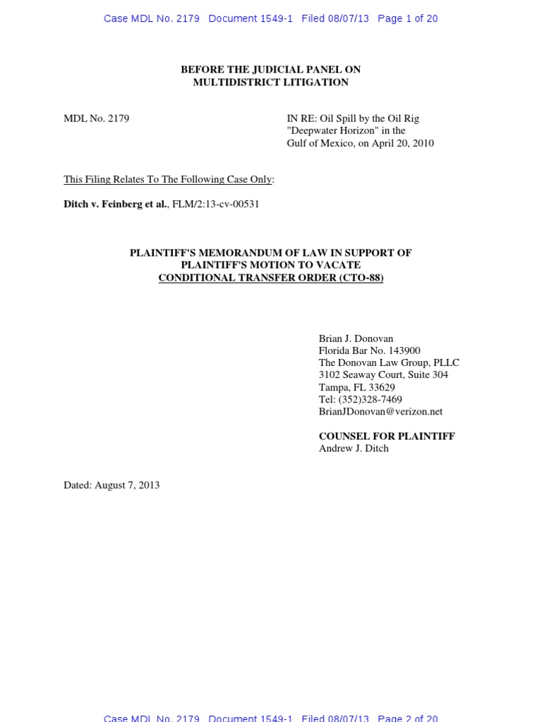 Ditch v. Feinberg, Et Al. - Motion To Vacate JPML Conditional Transfer ...