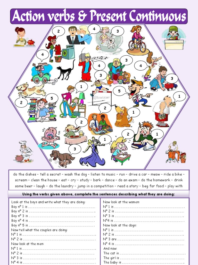 Action Verbs & Present Continuous | PDF | Morphology | Syntactic Relationships