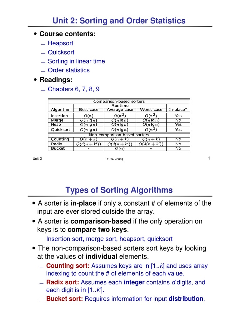 Unit 2: Sorting and Order Statistics: Course Contents | PDF ...