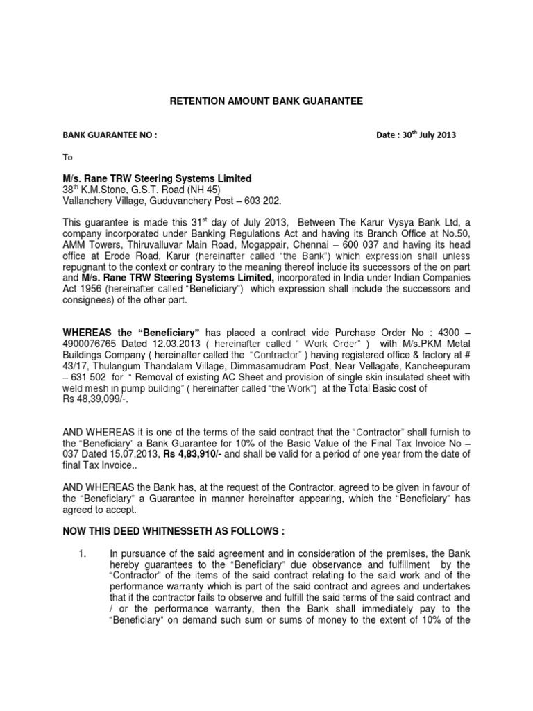Retention Bank Guaranthhee | Download Free PDF | Guarantee | Contract Law