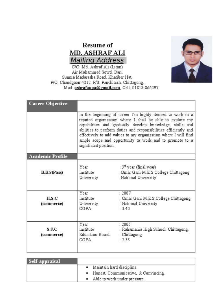 Resume of MD. Ashraf Ali - Chittagong | PDF | Career & Growth | Social ...