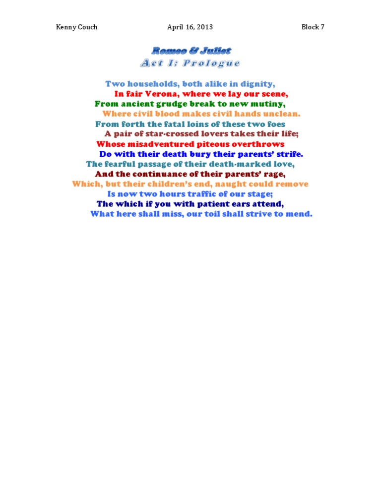 Romeo and Juliet Prologue Analysis | PDF