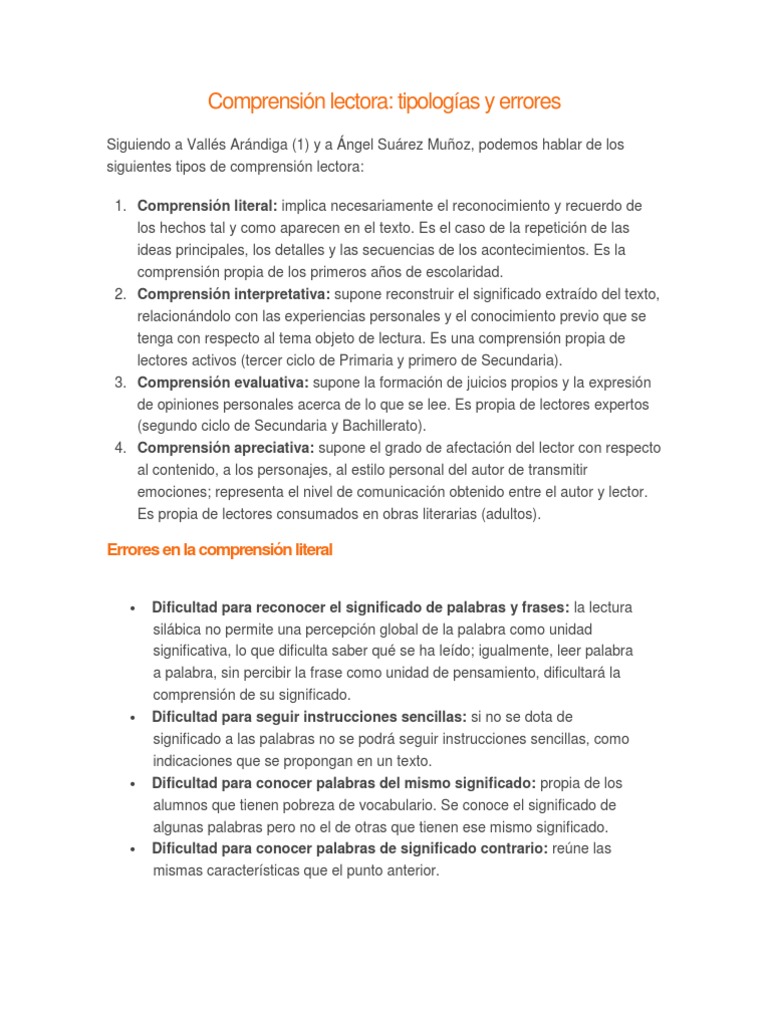 Comprensión lectora Errores | PDF | Comprensión lectora | Lectura (proceso)
