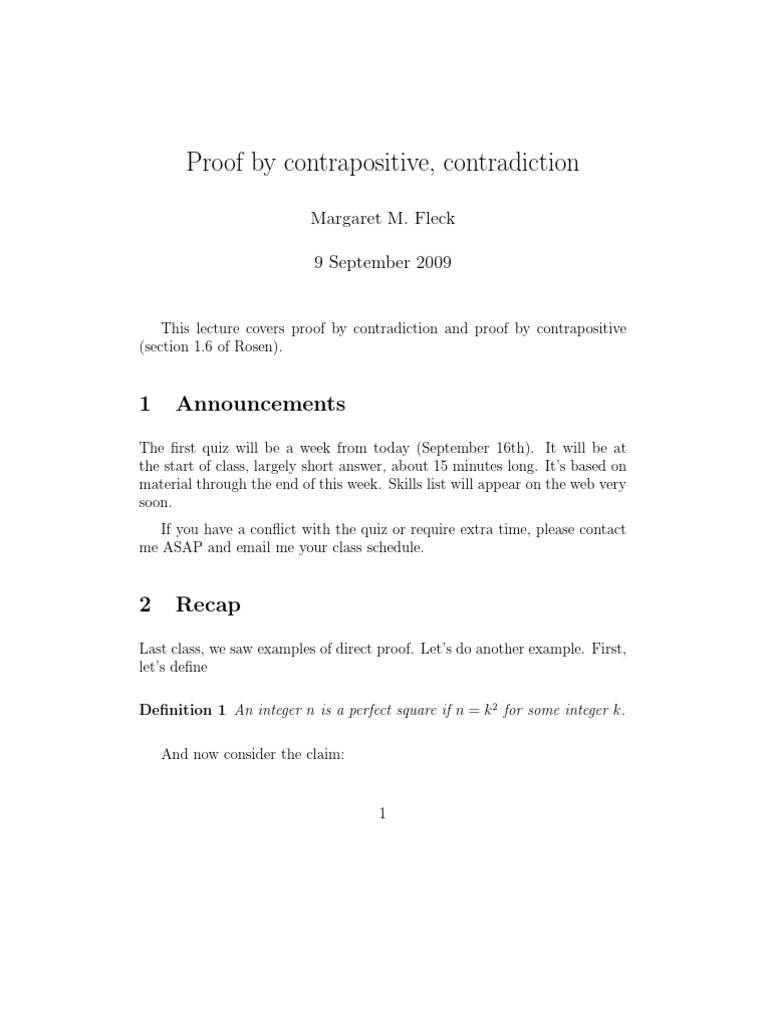 Proof by Contrapositive, Contradiction: 1 Announcements | PDF ...