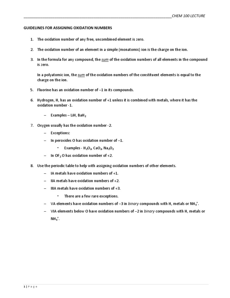 Guidelines For Assigning Oxidation Numbers | PDF