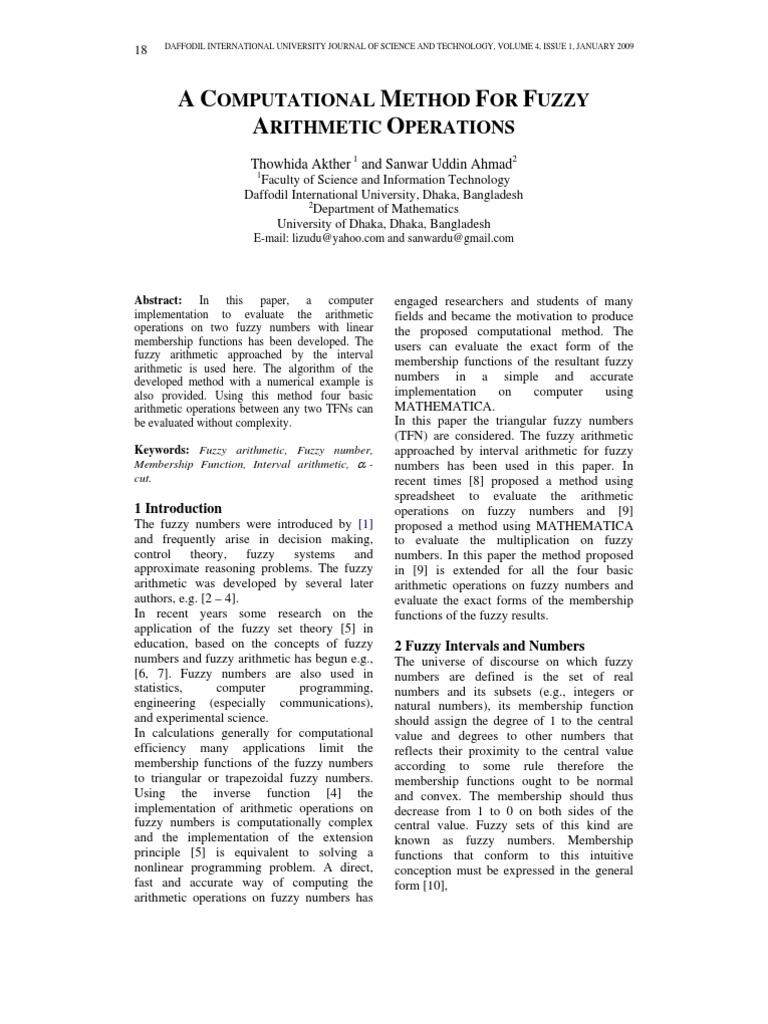 Computational Method For Fuzzy Arithmetic Operations Pdf Fuzzy Logic Arithmetic 9304