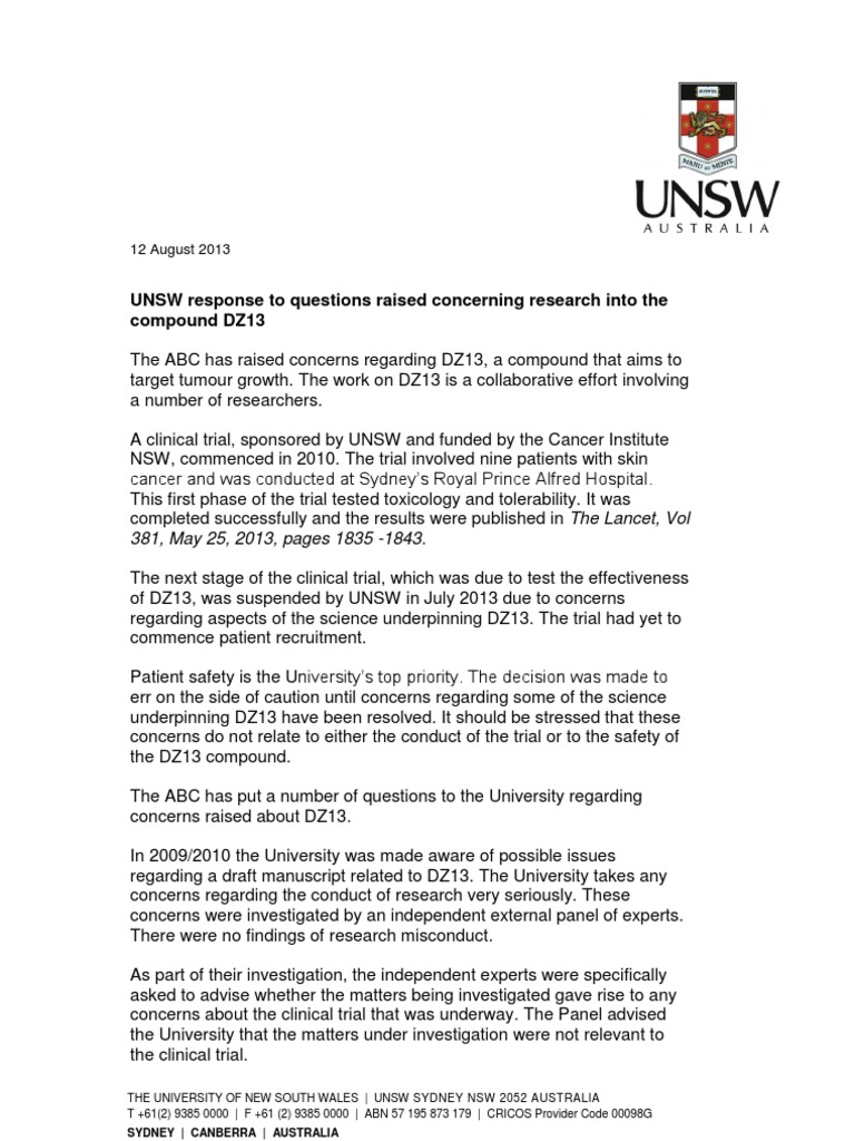 UNSW Response To Questions Raised Concerning Research Into The Compound ...