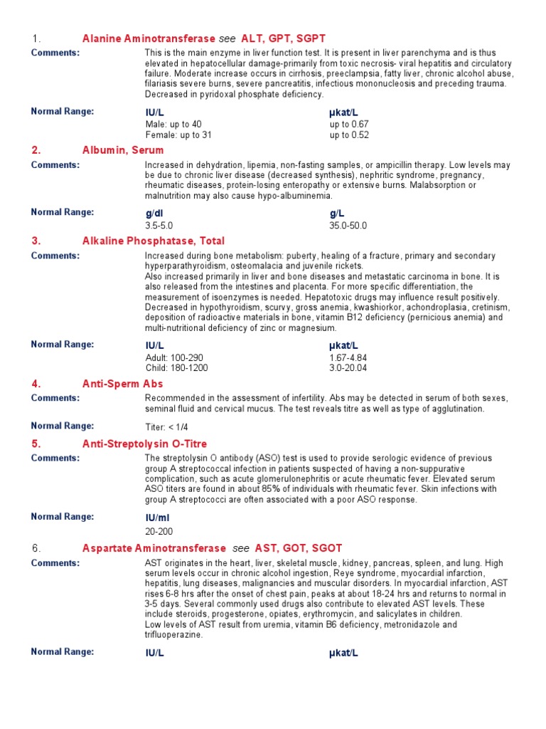 Alanine Aminotransferase Alt, GPT, SGPT: Iu/L Kat/l | PDF | Thyroid ...