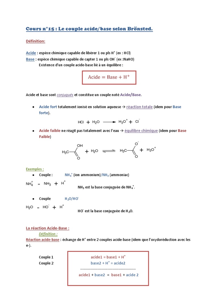 Cours 15 Le Couple Acide Base Selon Bronsted | PDF | Ammonium | Acide