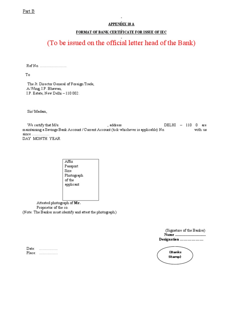 Bank Certificate Format for IEC Code | PDF