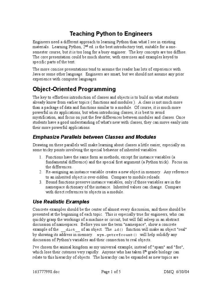 Teaching Python To Engineers Emphasize Parallels Between Classes And 