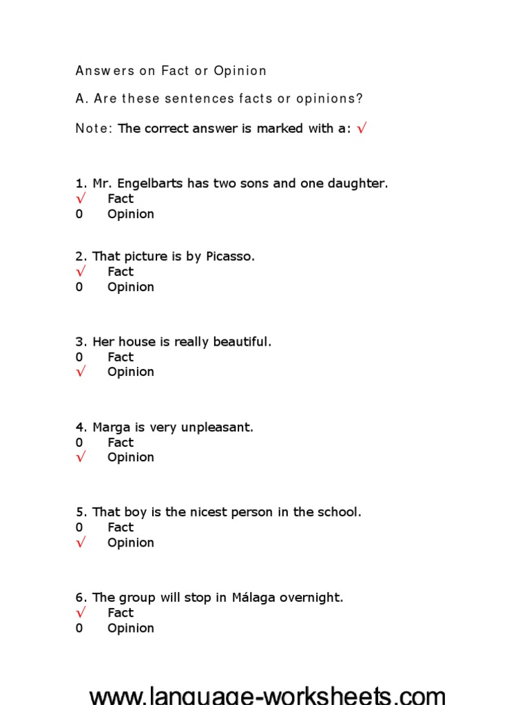 Reading Comprehension Fact or Opinion Answers 6 | PDF | Leisure | Nature