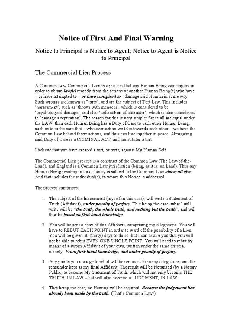 Final Warning: Initiating Commercial Lien Process | PDF | Tort | Defamation