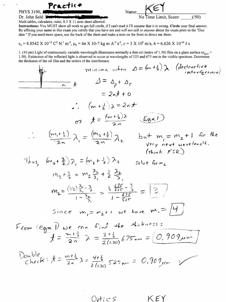 OpticsExam2 Practice Key | PDF | Angular Resolution | Interferometry