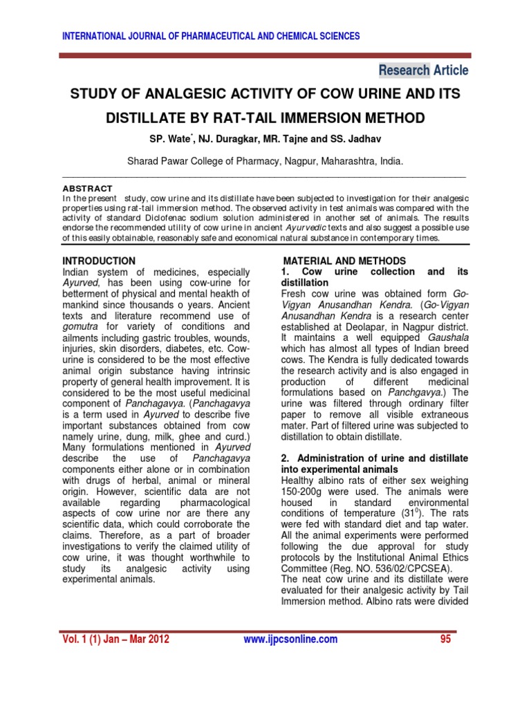 Study of Analgesic Activity of Cow Urine and Its Distillate by Rat-Tail ...