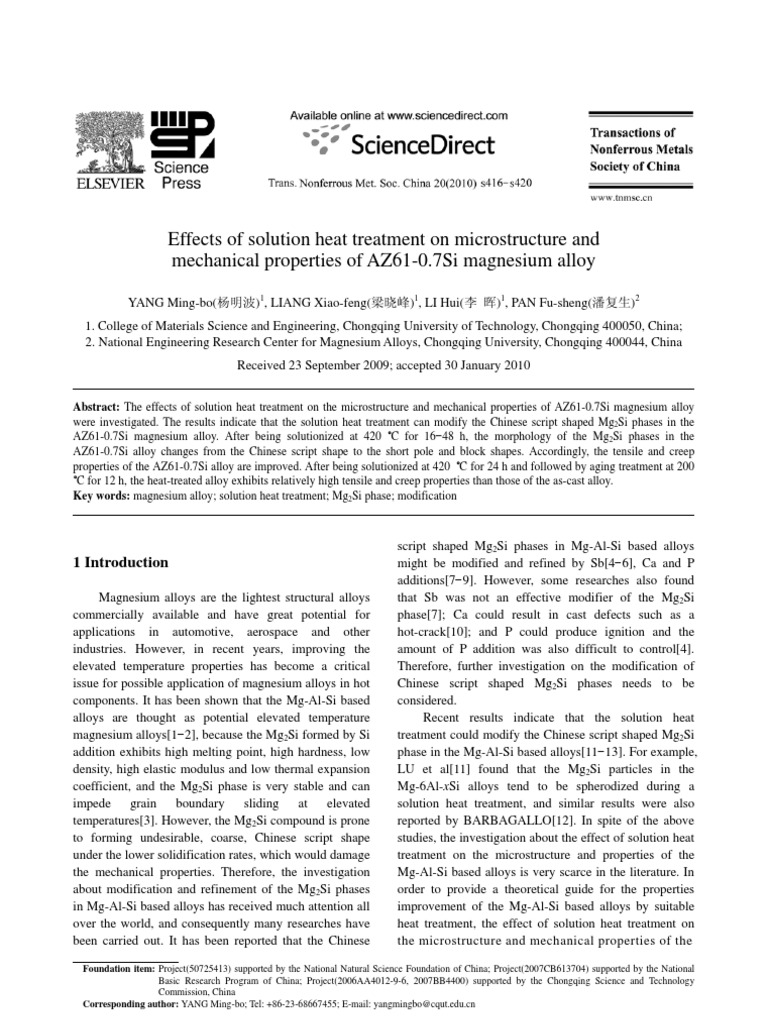 Effects of Solution Heat Treatment On Microstructure and Mechanical Properties of AZ61-0.7Si ...