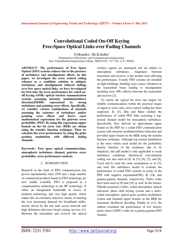 Convolutional Coded On-Off Keying Free-Space Optical Links Over Fading ...