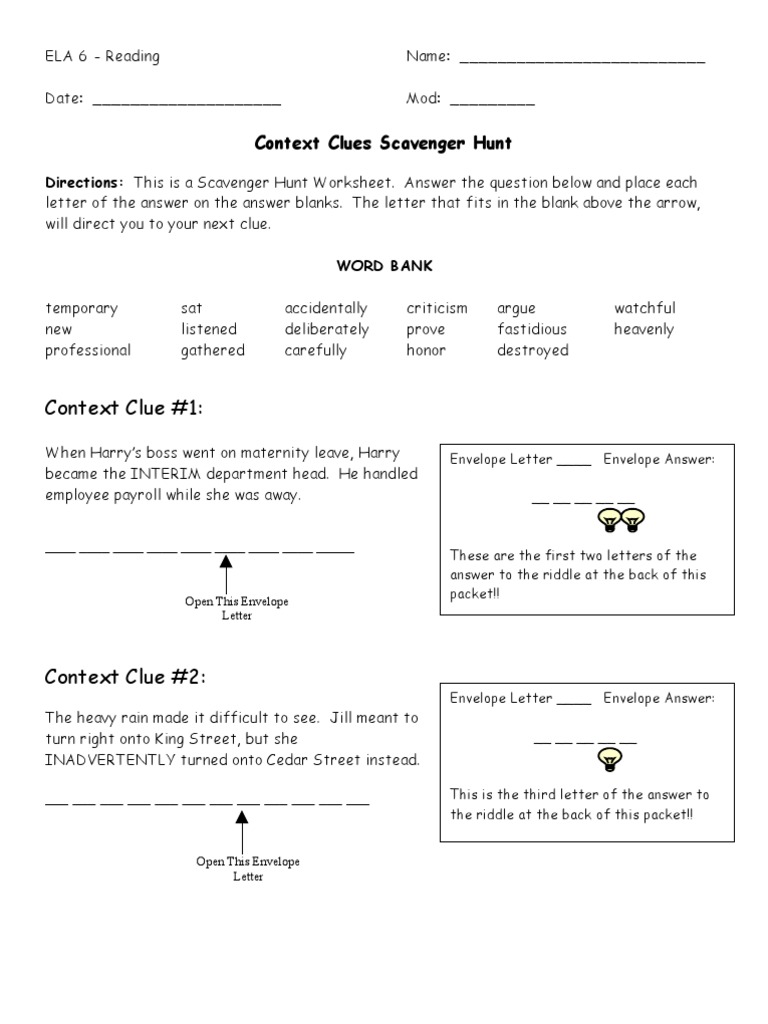 Context Clues Scavenger Hunt Worksheet | PDF