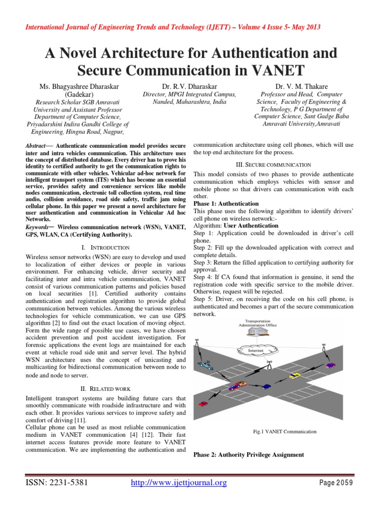 A Novel Architecture For Authentication and Secure Communication in VANET | PDF | Wireless Ad ...