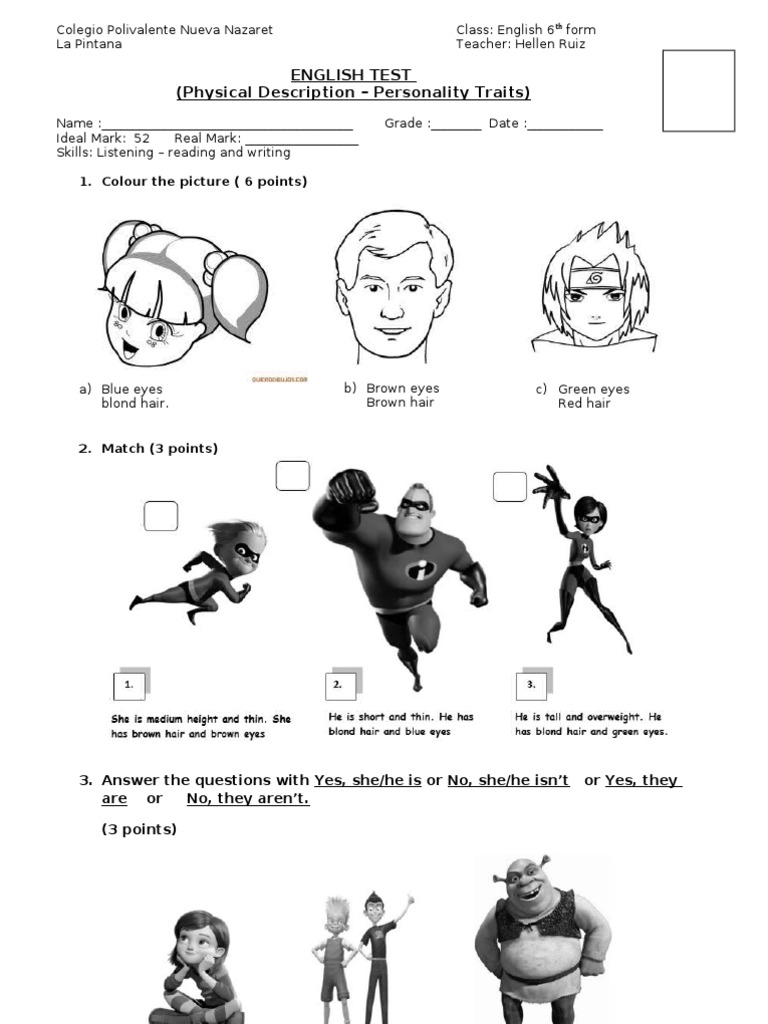 English Test (Physical Description - Personality Traits) : 1. Colour ...