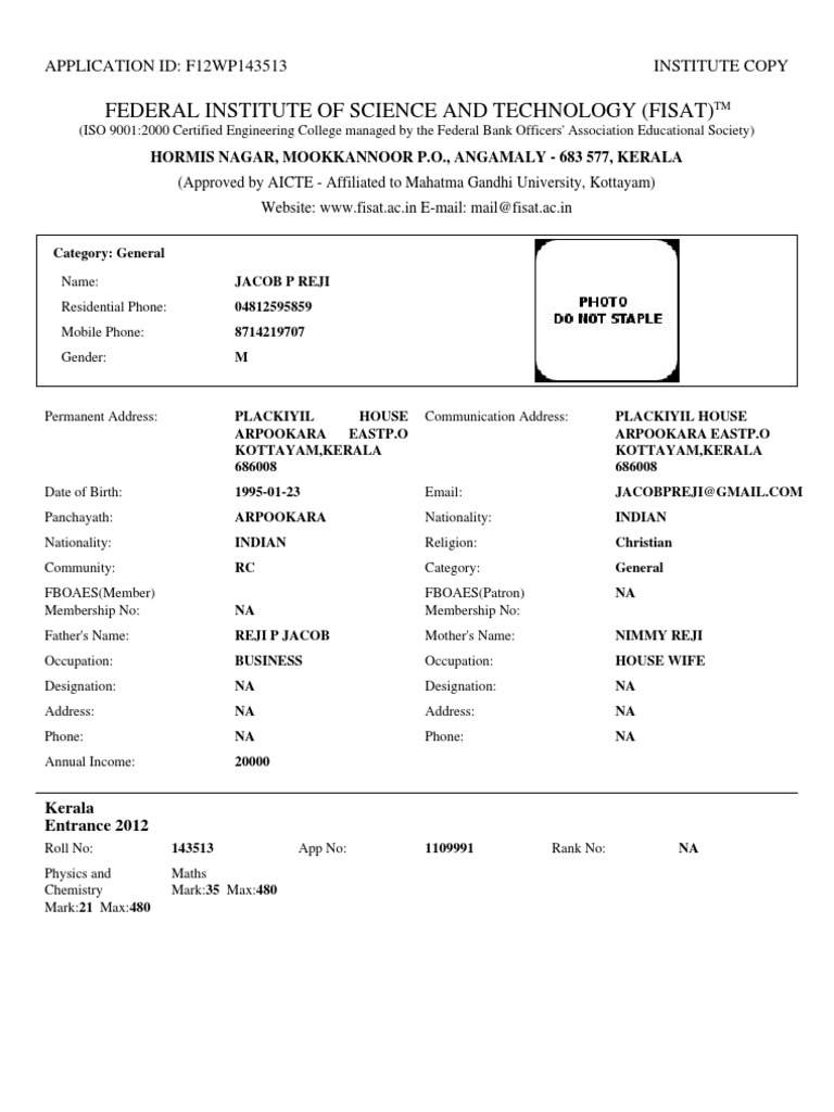 Federal Institute of Science and Technology (Fisat) : APPLICATION ID ...