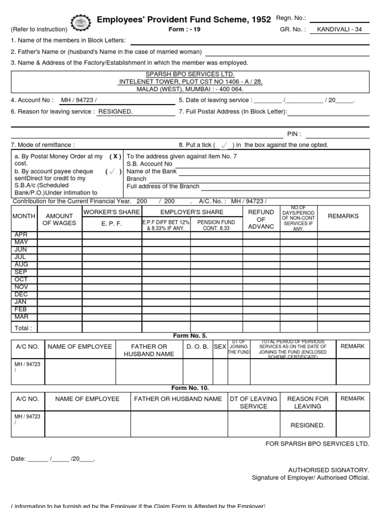 PF Form 19 10 - C | Download Free PDF | Money Order | Cheque