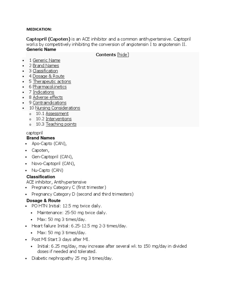 Medication: Captopril (Capoten) Is An ACE Inhibitor and A Common ...