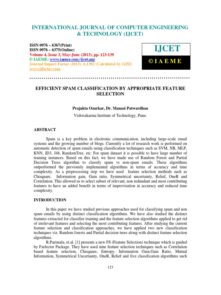 Efficient Spam Classification by Appropriate Feature Selection | PDF ...