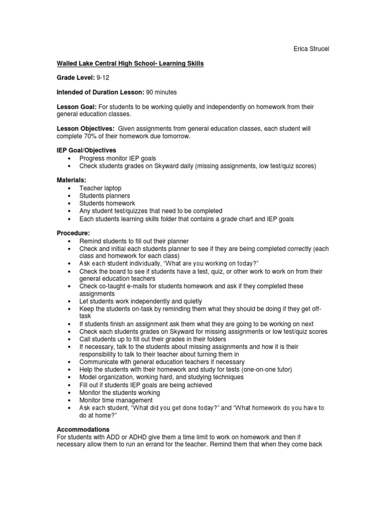 Learning Skills Lesson Plan | PDF | Homework | Educational Psychology