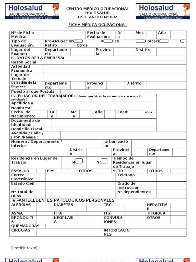 Ficha Médica Ocupacional 002 | PDF | Medicina CLINICA | Especialidades Medicas