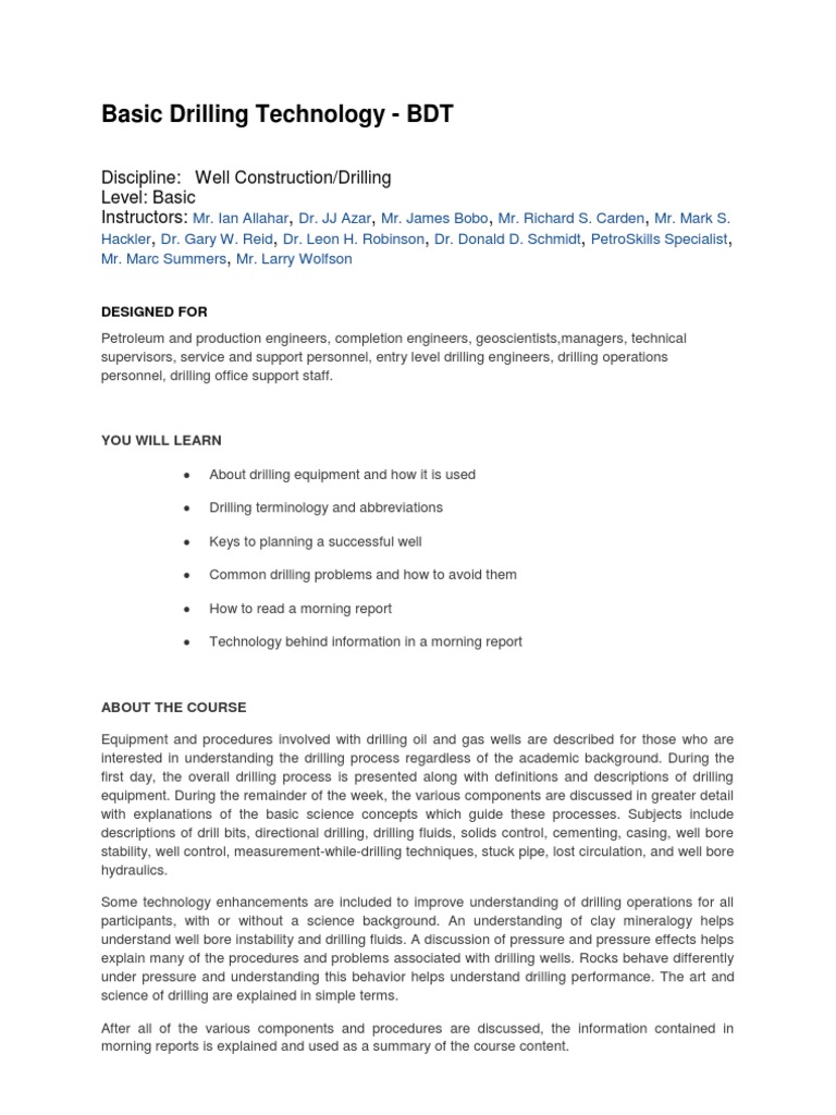 Basic Drilling Technology Course Summary | PDF | Oil Well | Drilling