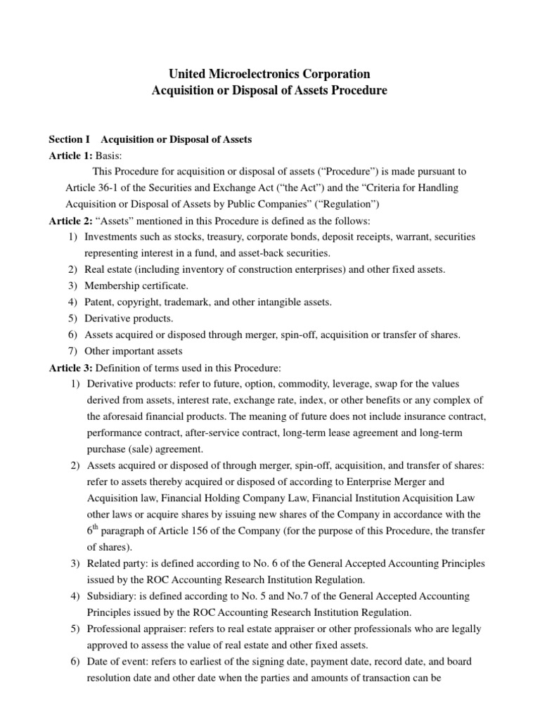 Acquisition or Disposal of Assets Procedure E PDF | PDF | Mergers And ...