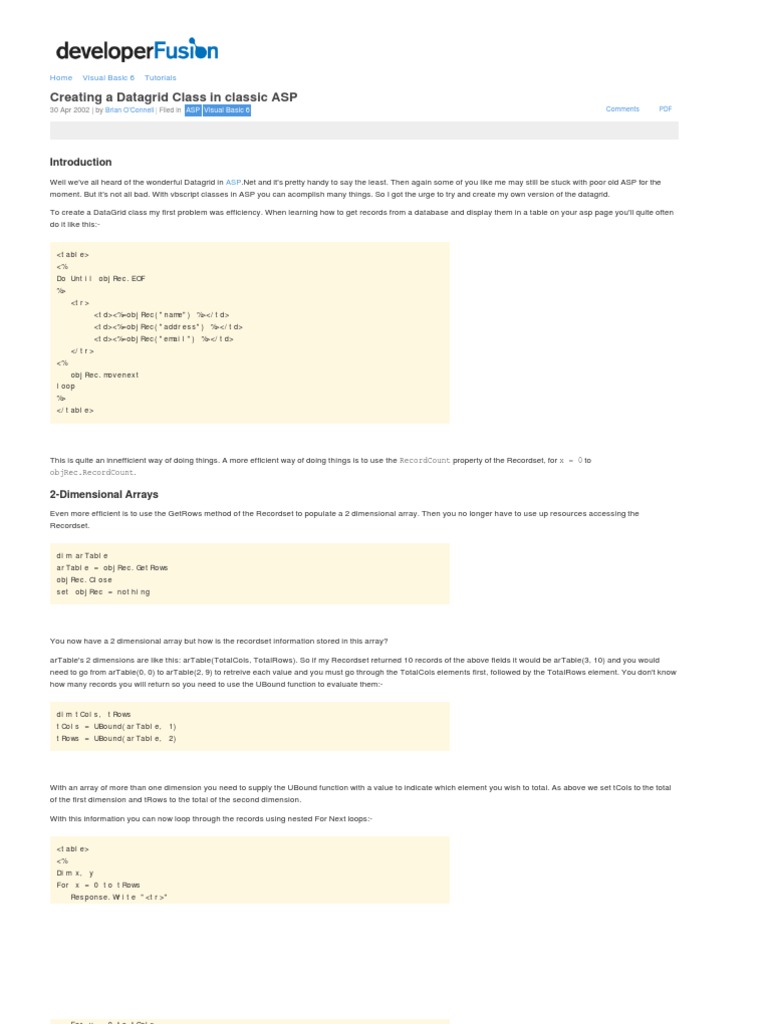 Creating A Datagrid Class In Classic Asp Pdf Active Server Pages Class Computer Programming
