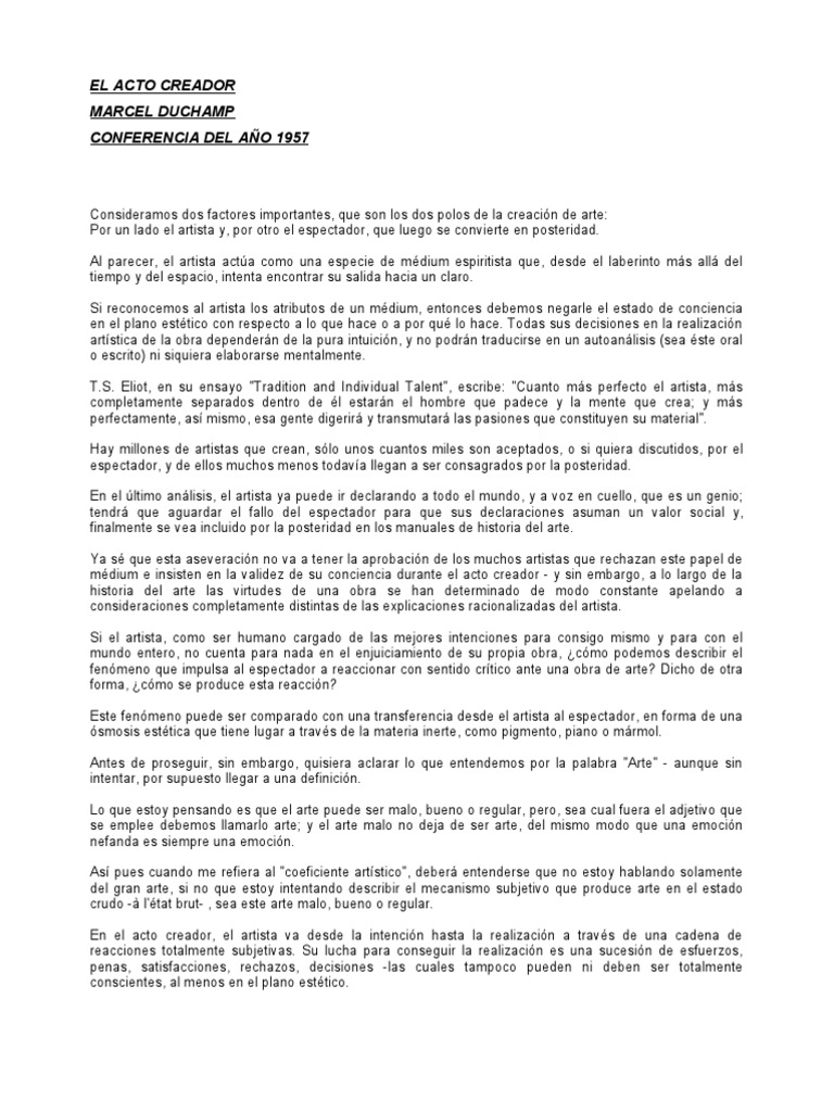 Duchamp - El Acto Creador | Descargar gratis PDF | Estética | Science