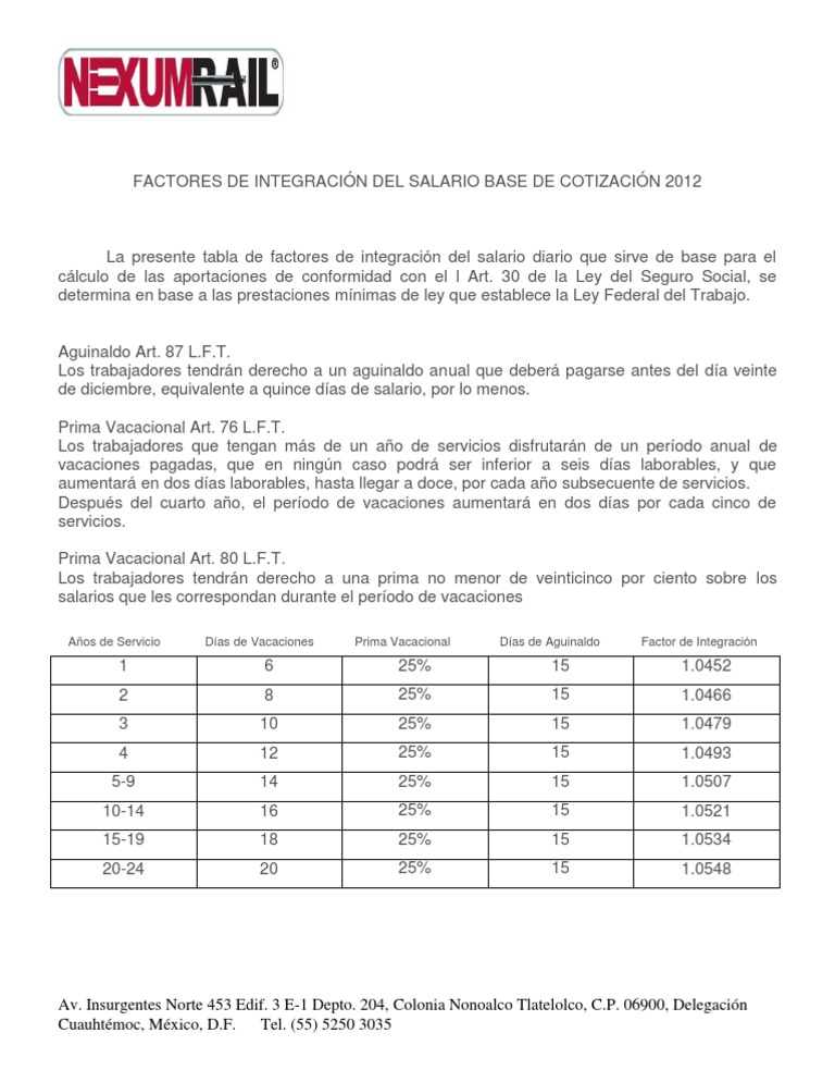 Tabla de Factores de Integracion Del IMSS Nexumrail | PDF | Vacaciones ...