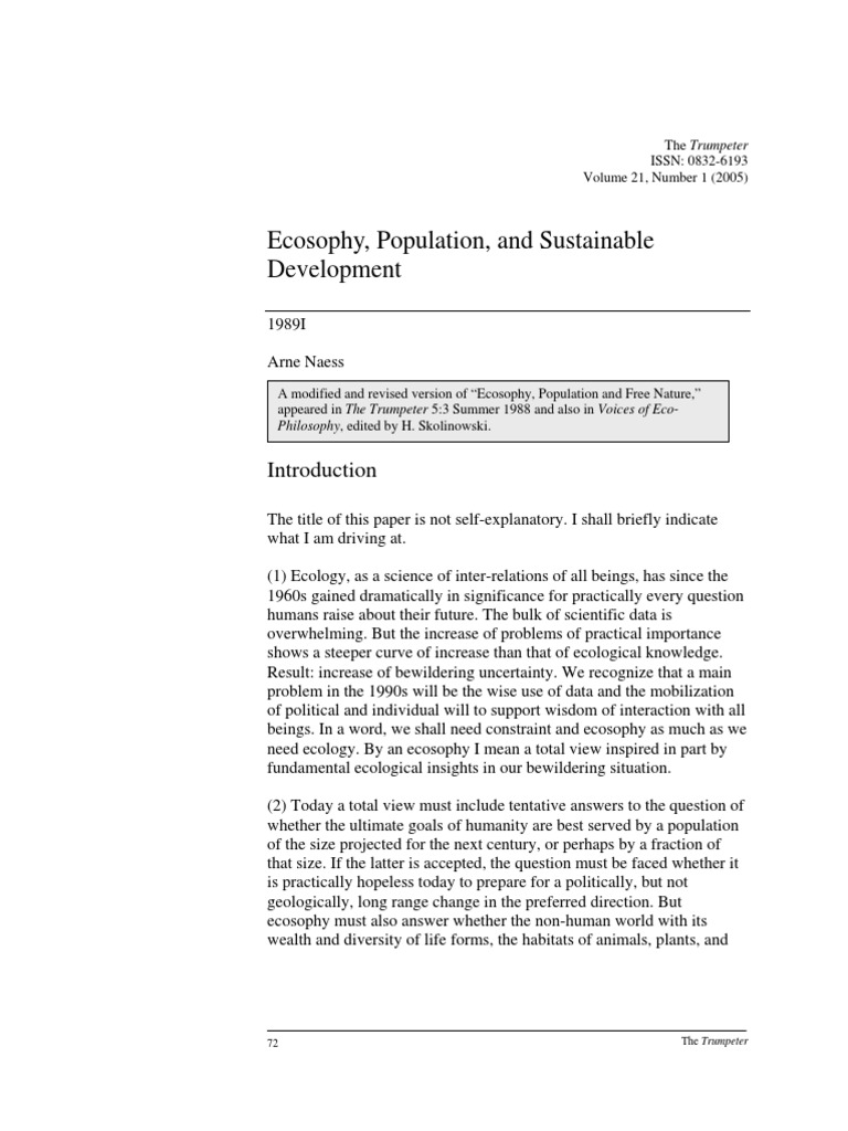 Arne Naess, Ecosophy, Population, and Sustainable Development | PDF ...