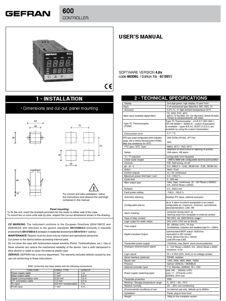 Gefran 600 Pidcontroler Manual | PDF | Power Supply | Relay