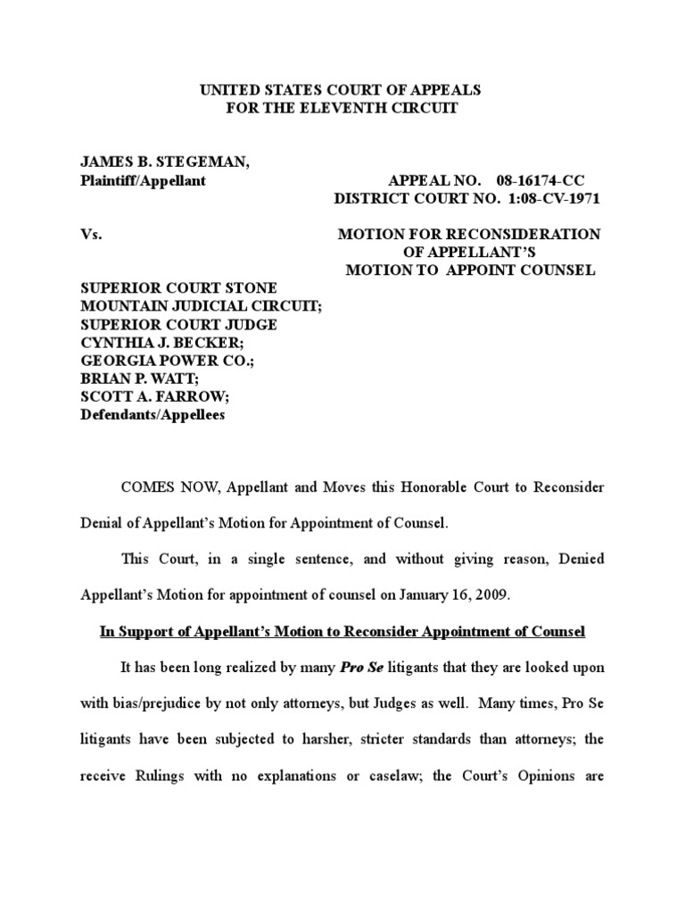 Motion For Reconsideration of Denial of Appellant's Motion For Appointment of Counsel | PDF ...