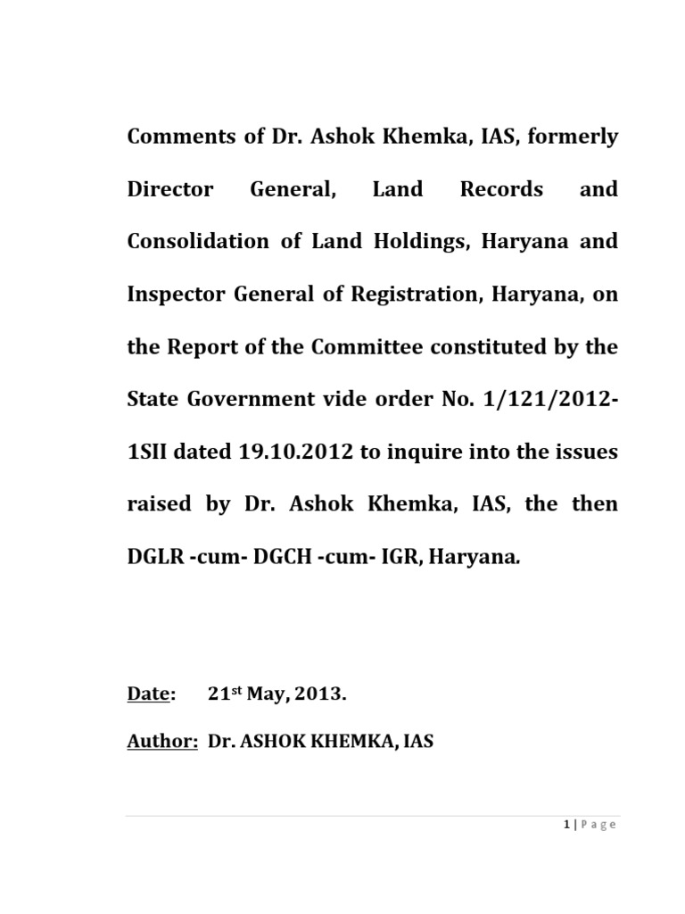 Ashok Khemka's Report Dated 21-05-2013 | PDF | Delhi | Deed