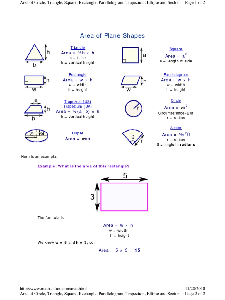 Area of Plane Shapes: Area B × H Area A | PDF