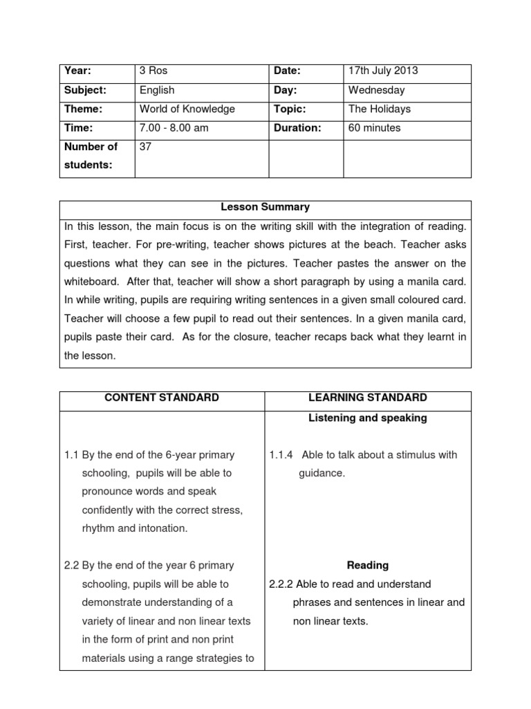 Writing Lesson Plan KSSR Year 3 | PDF | Reading (Process) | Teachers