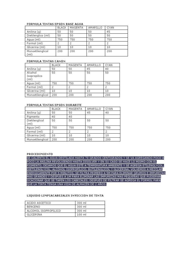 Formula Tintas Epson Base Agua | PDF | Tinta | Impresora (Computación)